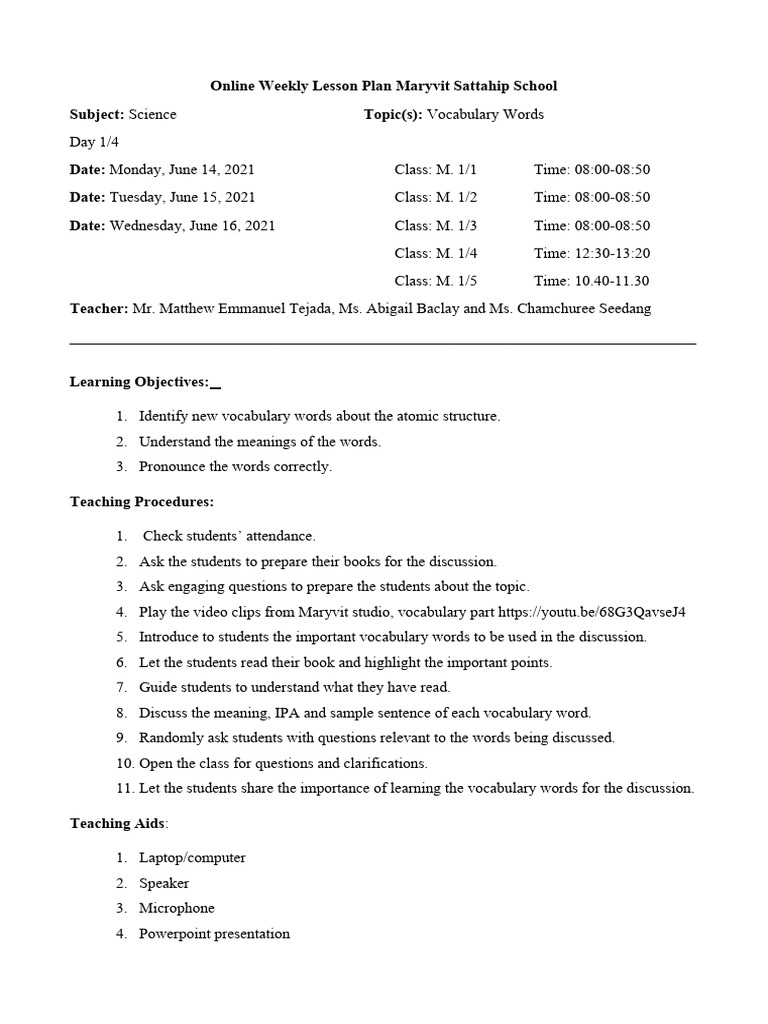 Science Week 3 M1 Lesson Plan | PDF | Matter | Atoms