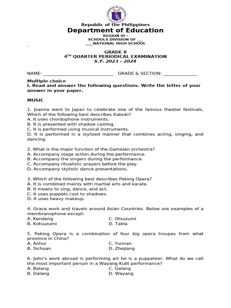 Mapeh 8 4th Quarterly Examination With Tos and Answer Key | PDF ...