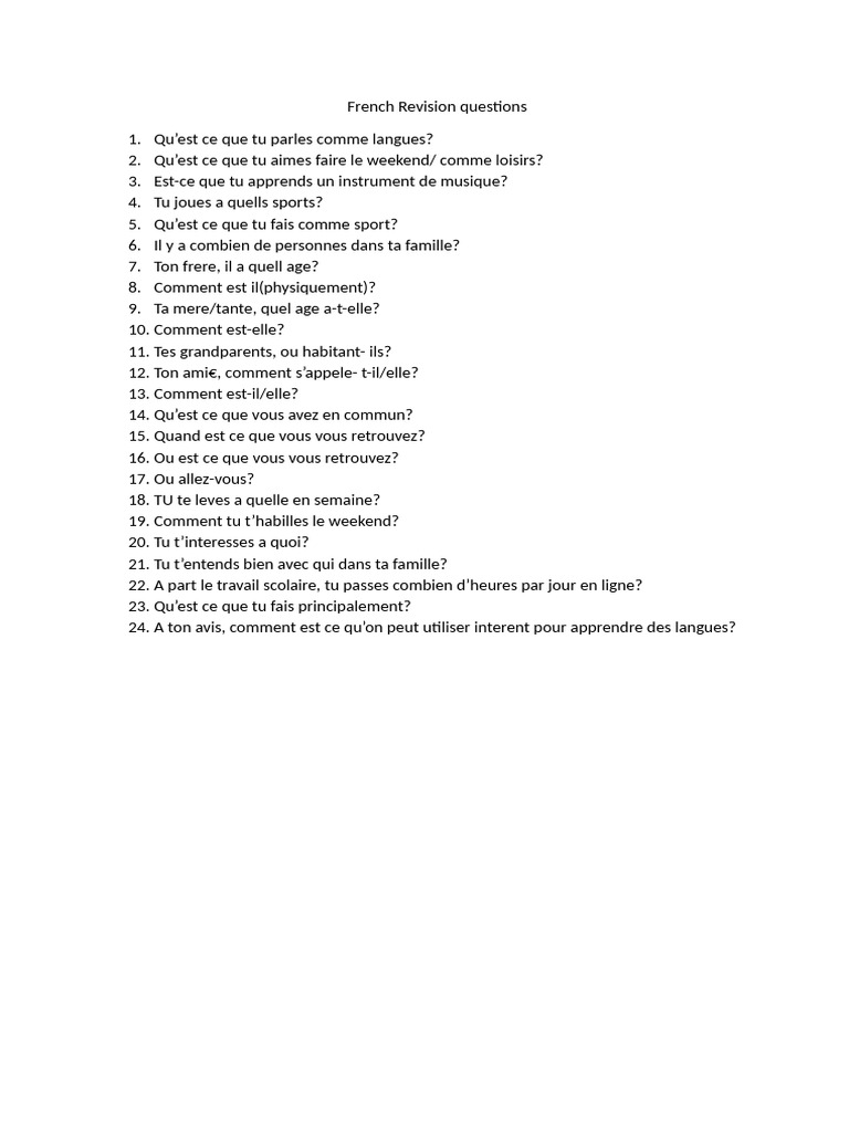 French Revision Questions | PDF