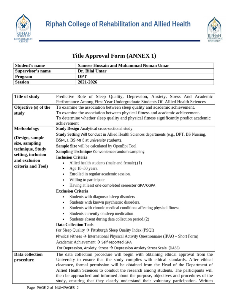 Title Approval Form Noman and Sameer Final | PDF | Informed Consent ...