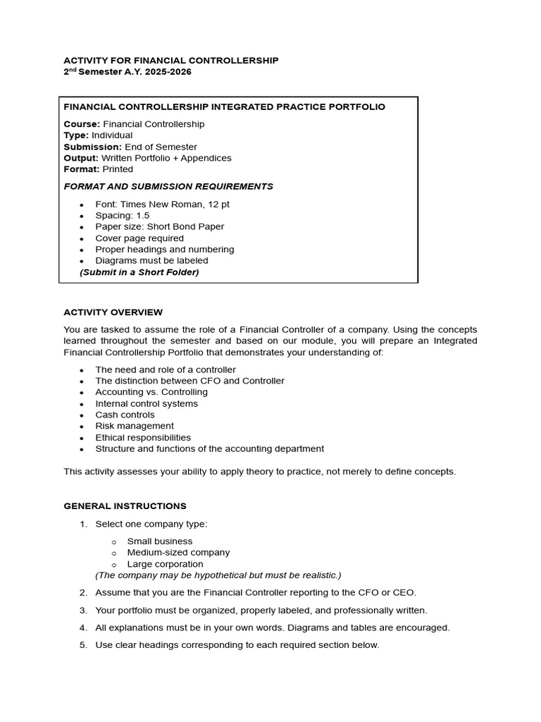 Integrated Financial Controllership Portfolio Activity | PDF ...