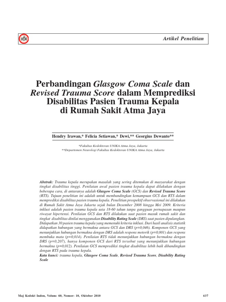 Perbandingan Glasgow Coma Scale Dan Revised Trauma Score Dalam ...