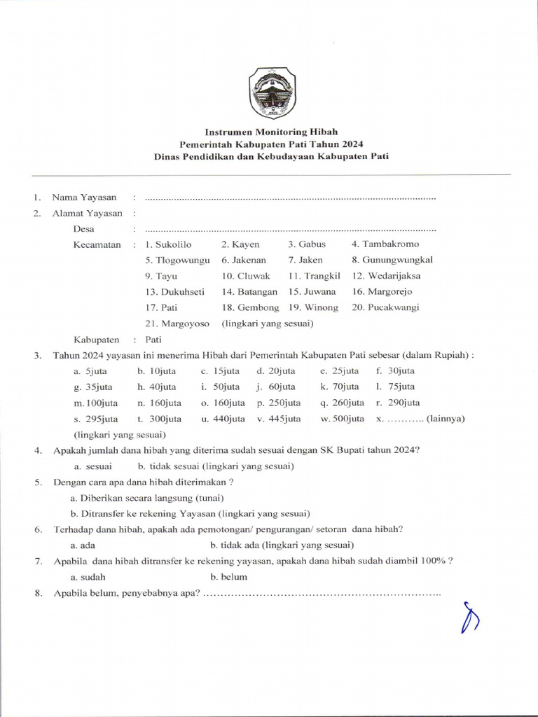 Instrumen Monitoring Hibah 2024 | PDF