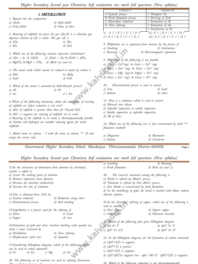 12th Chemistry One Mark Full Questions EM | PDF | Transition Metals ...