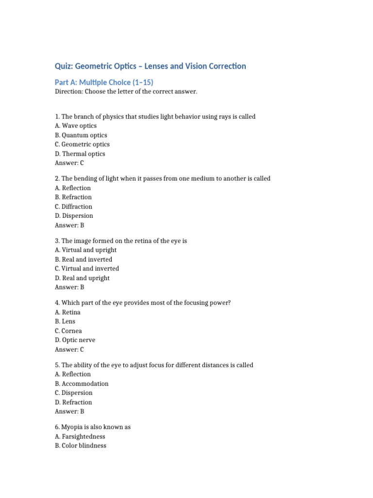 Geometric Optics Quiz | PDF