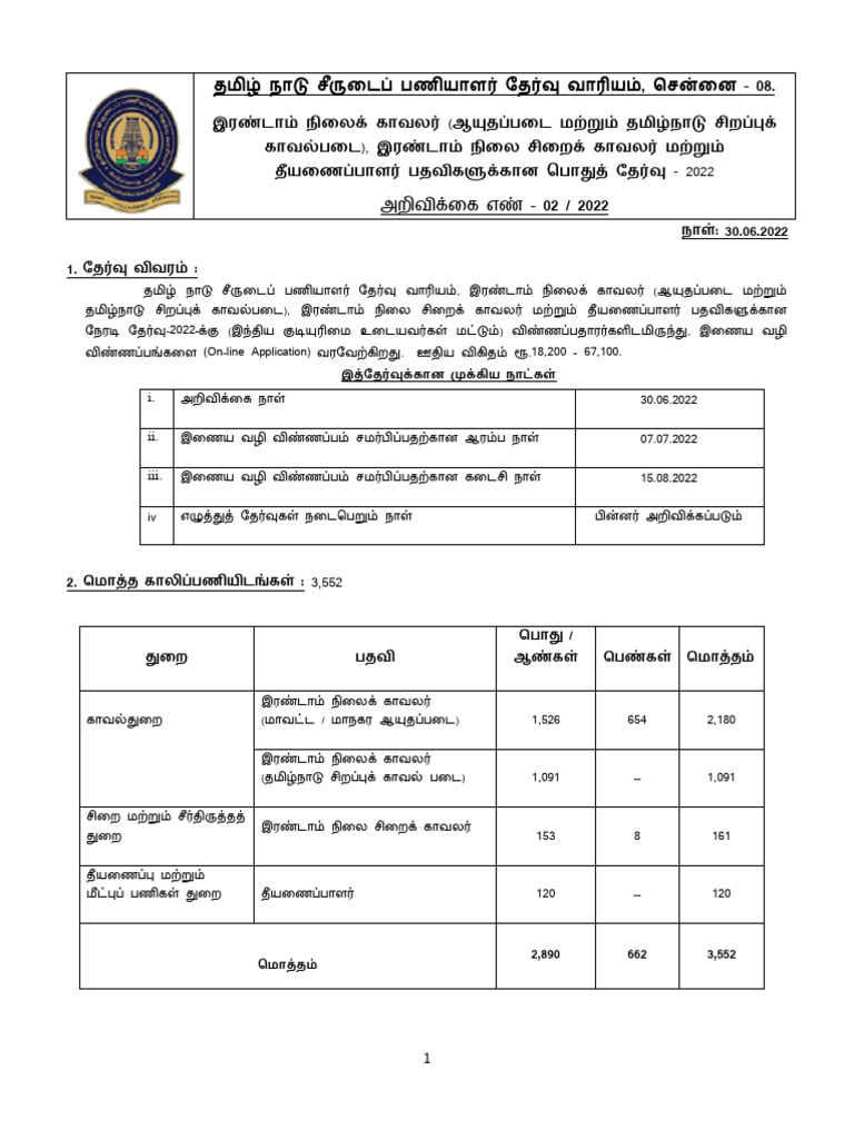 Notification TNSURB Constable Jail Warden Firemen Vacancys | PDF