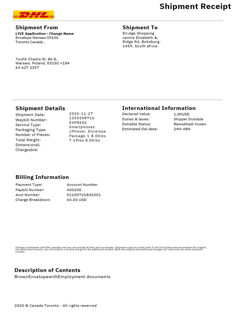 DHL Shipment Receipt 20251127 - 180816 - 0000 | PDF