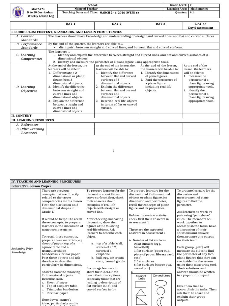 Grade 2 DLL Matatag - Mathematics - q4 - Week 6 | PDF | Length | Shape