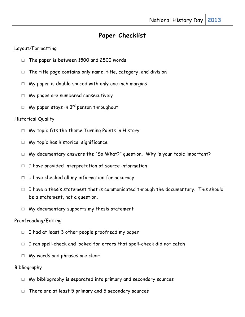 NHD Paper Requirements Checklist | PDF