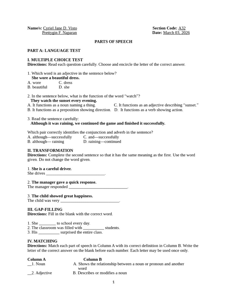 Parts of Speech Mini Test | PDF | Part Of Speech | Adverb
