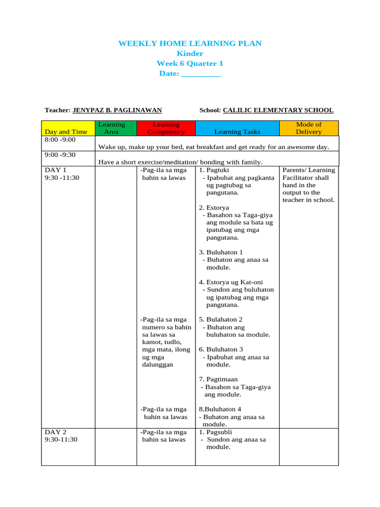 Weekly Home Learning Plan6 - Copy | PDF