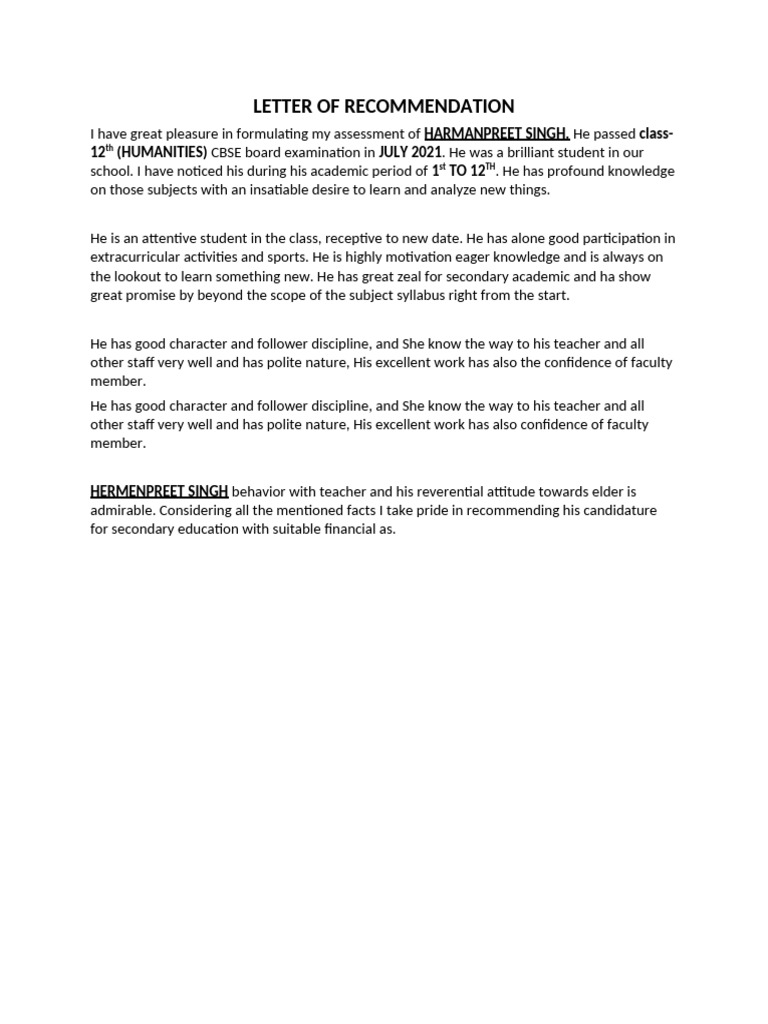 Leter of Recommendation | PDF