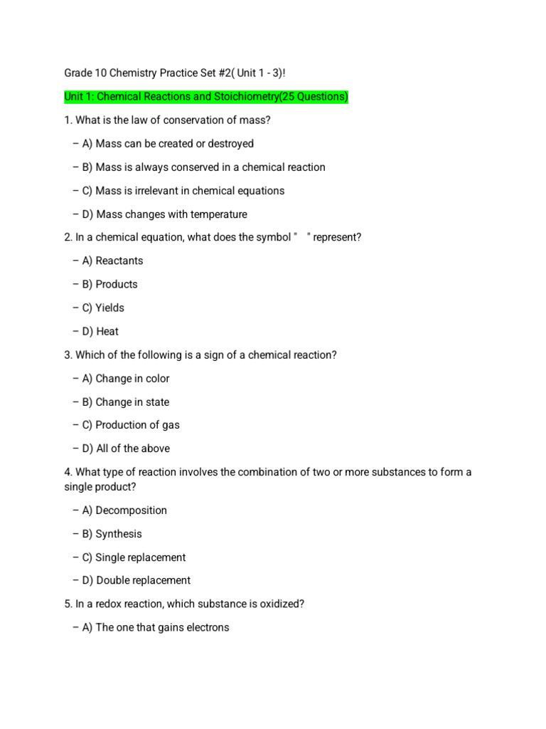 Grade 10 Chem Practice #2 Q A! | PDF | Solubility | Chemical Reactions