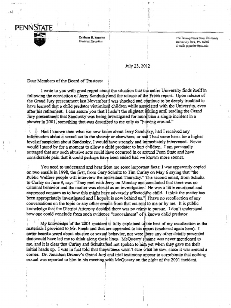 Graham Spanier Letter To Penn State Board of Trustees 7/23/12 ...