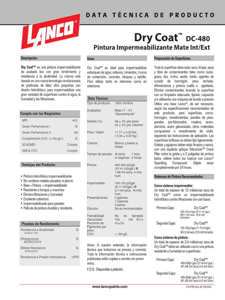 Dry Coat Int Ext Flat Dc480 Tds Esp 1 | PDF | Pintar | Hormigón