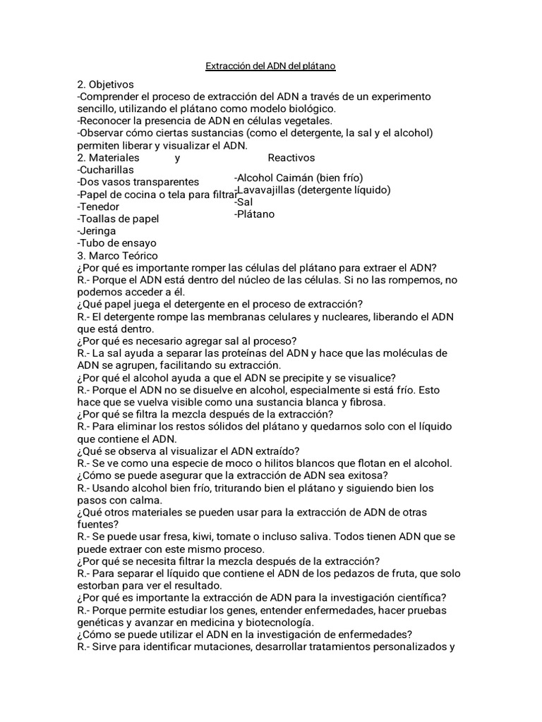 Extracción Del ADN Del Plátano | PDF | Adn | Biología Celular)