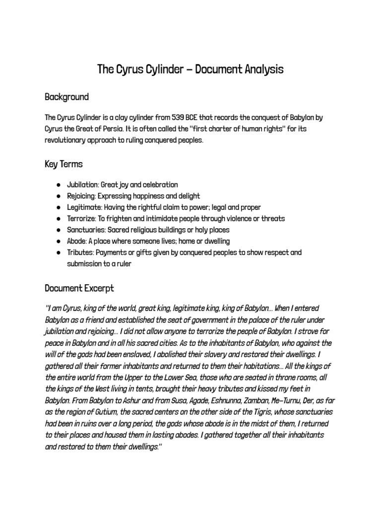 Cyrus Cylinder - Document Analysis Worksheet | PDF | Cyrus The Great ...