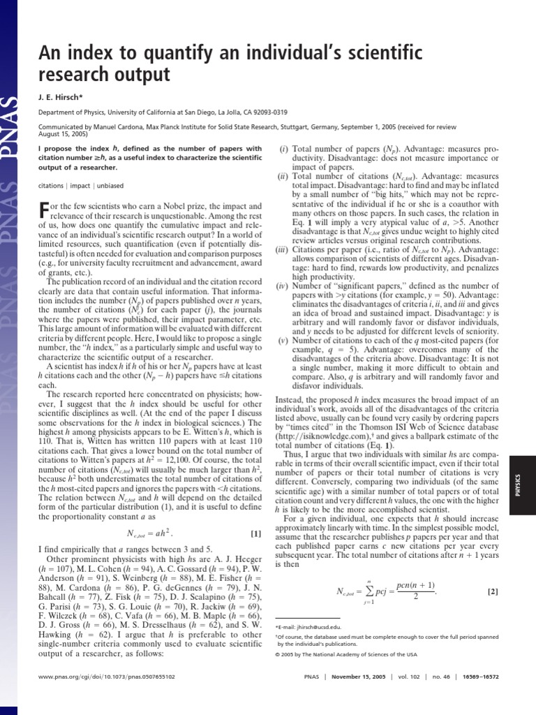 An Index To Quantify An Individual's Scientific Research Output | PDF ...