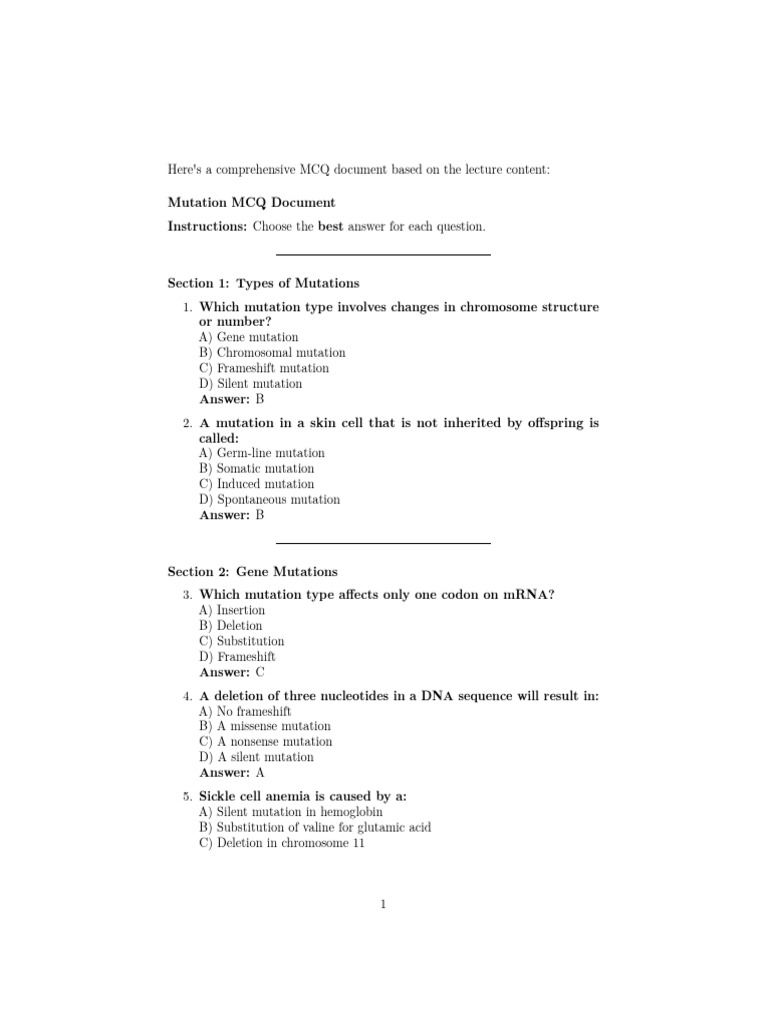 Gene Mutation MCQs | PDF | Mutation | Point Mutation