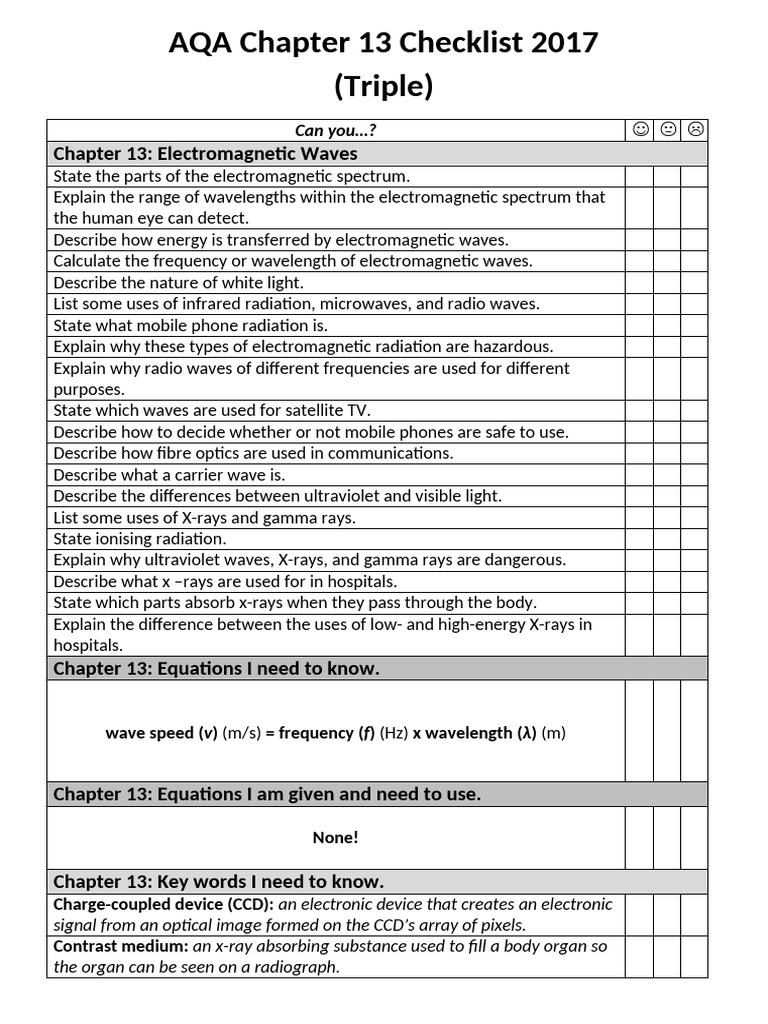 AQA Chapter 13 Checklist (Triple) Electromagnetic Waves | PDF ...