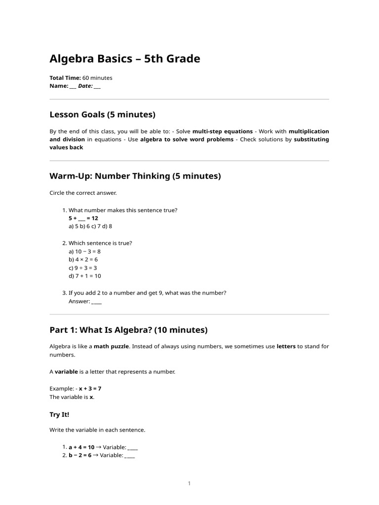 Algebra Basics – 5th Grade (1‑Hour Worksheet) (1) | PDF | Equations ...