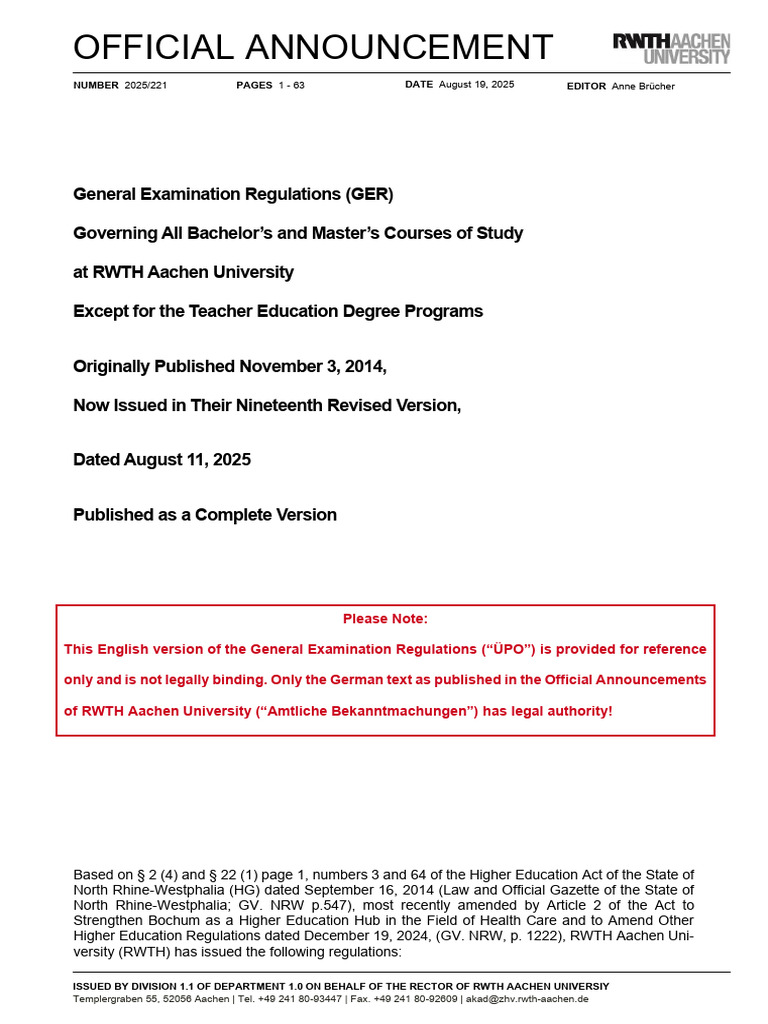 Official Announcement: 1 - 63 August 19, 2025 2025/221 Anne Brücher ...