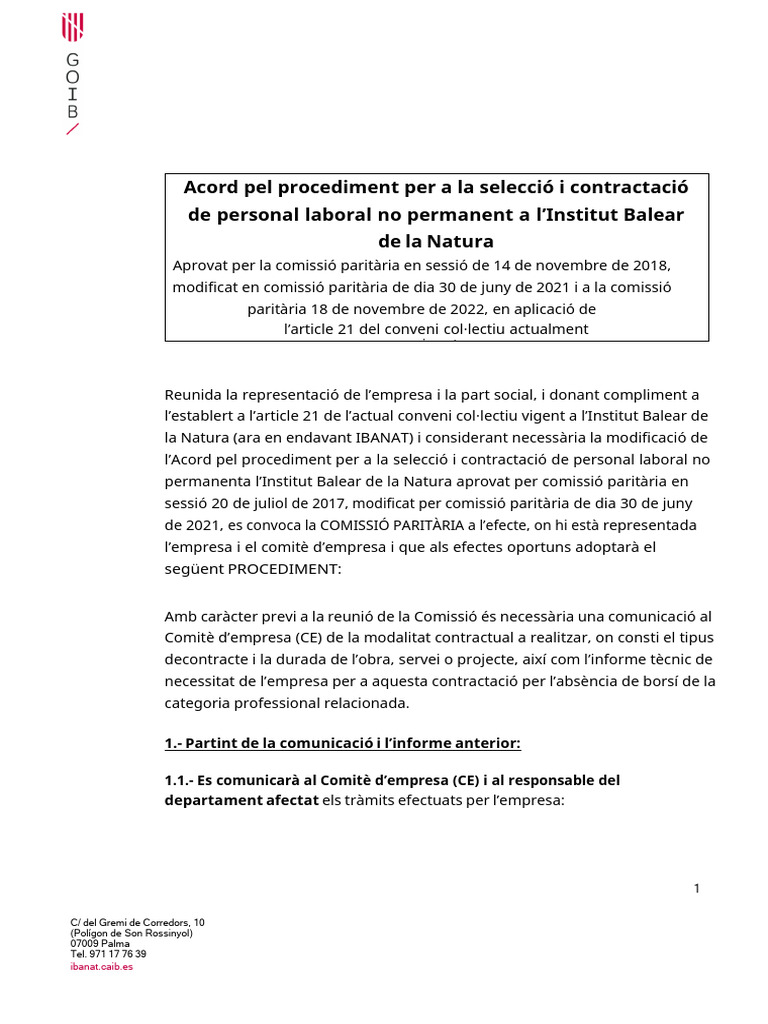 Acord de Seleccions SOIB Modificat 18 de Novembre 2022 | PDF