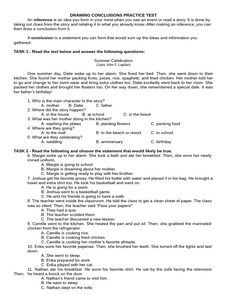 DRAWING CONCLUSIONS PRACTICE TEST | PDF