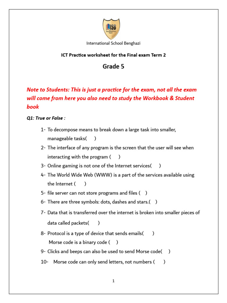 ICT Final Exam Worksheet Y5 Term2 | PDF | Computer Network | Internet