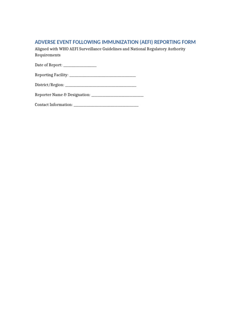 WHO AEFI Reporting Form | PDF | Pediatrics | Medicine