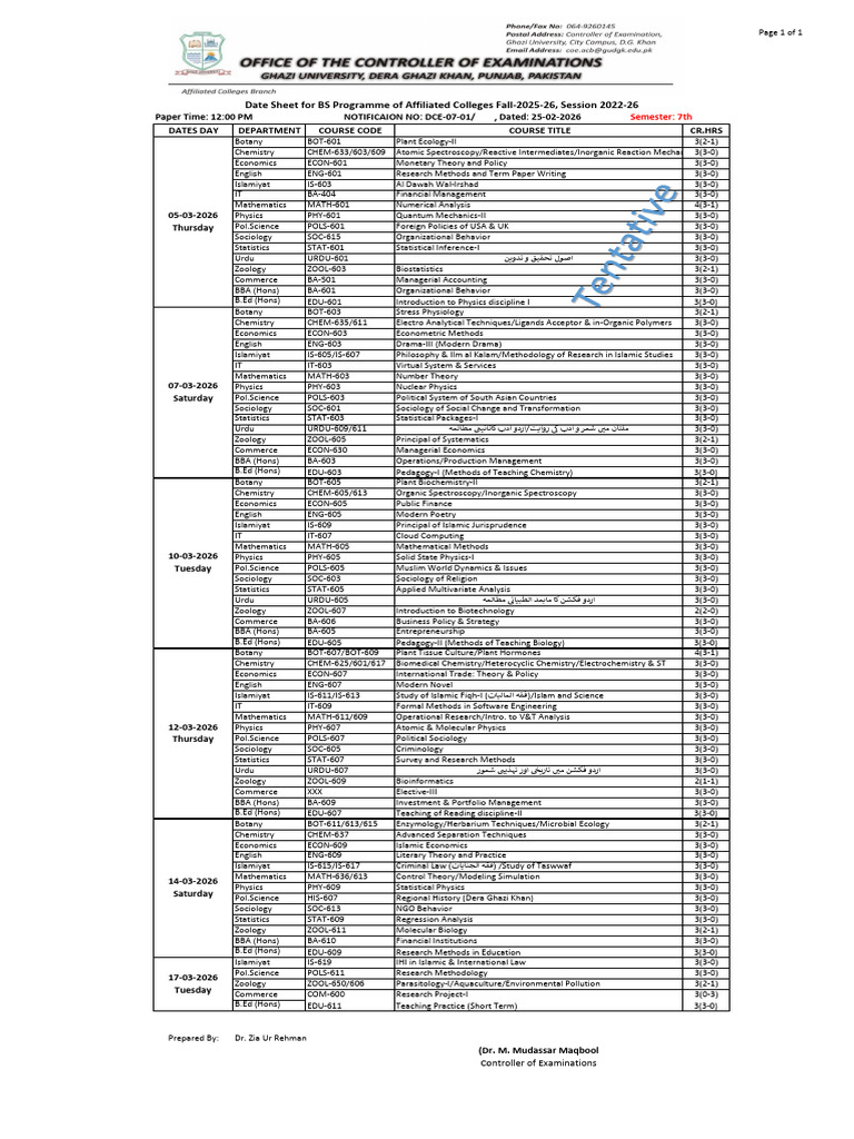 7th Date Sheet (Tentative) | PDF | Science | Sociology