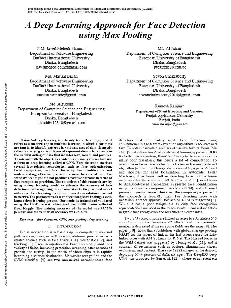 A Deep Learning Approach For Face Detection Using Max Pooling | PDF ...