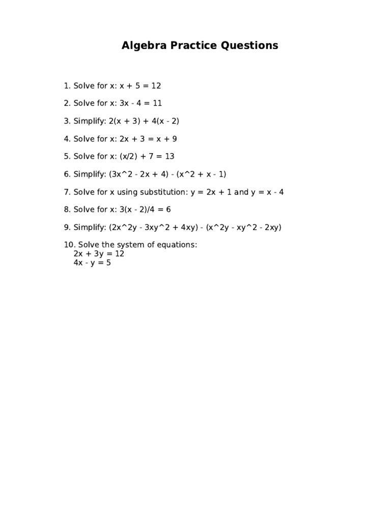 Algebra Practice Questions | PDF