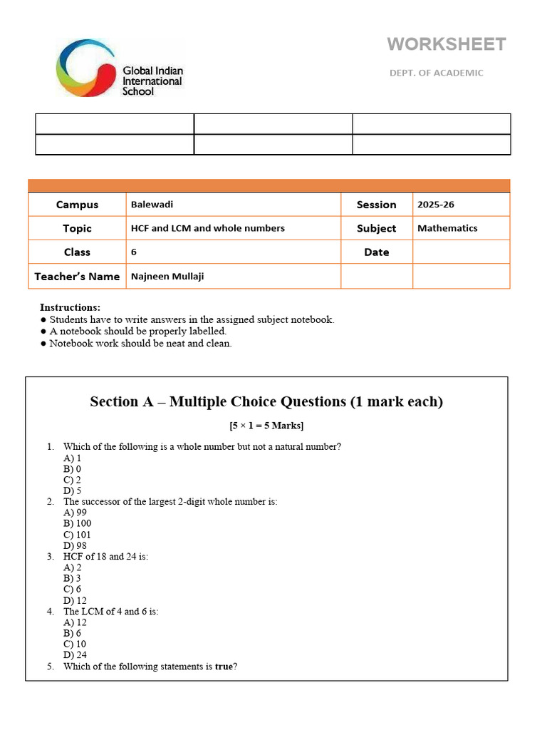 Maths Worksheet 1 | PDF