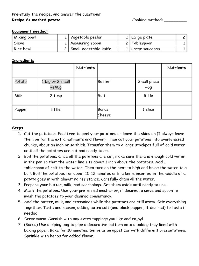 Recipe - Mashed Potato.docx | PDF | Potato | Tablespoon