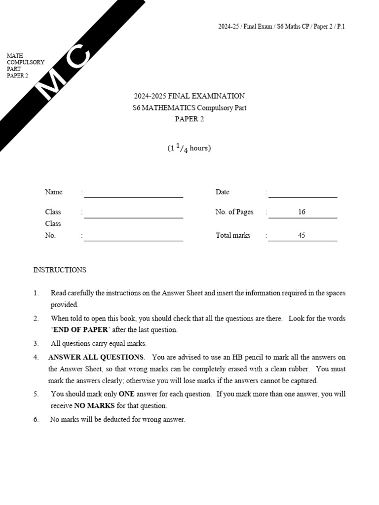 School 3 24-25 S6 Maths Final Exam Paper 2 (Questions & Answers) | PDF ...