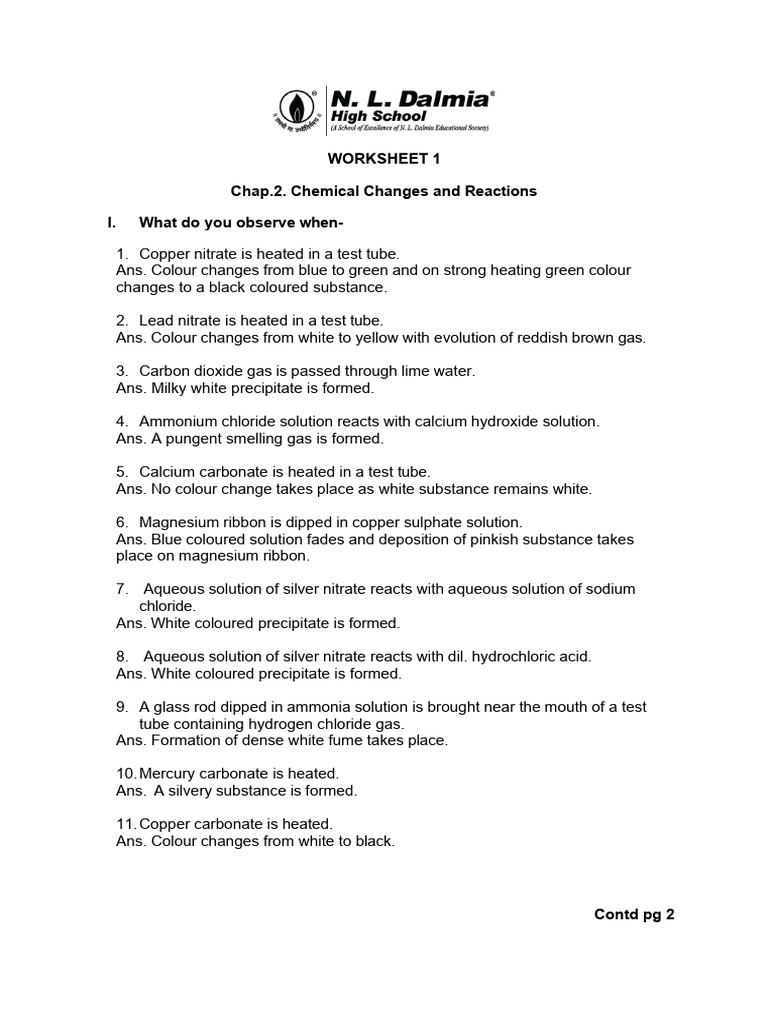Ch.2. Chemical Changes and Reactions (Worksheet 1) | PDF ...