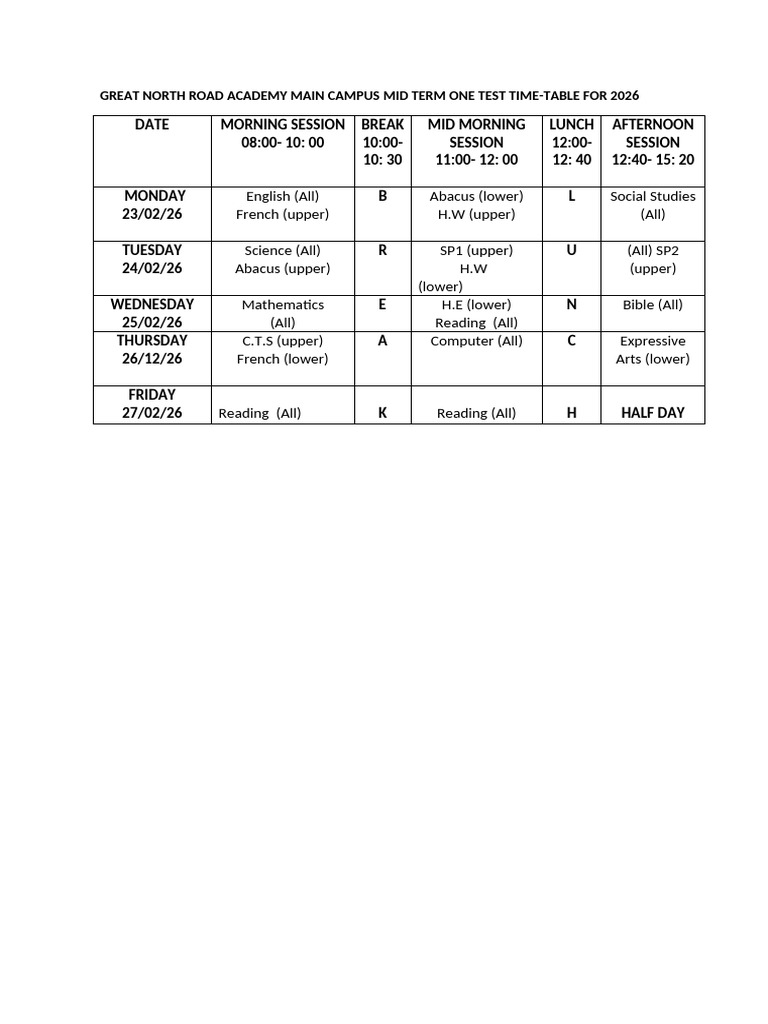 Mid Term 1 Time Table 2026 | PDF