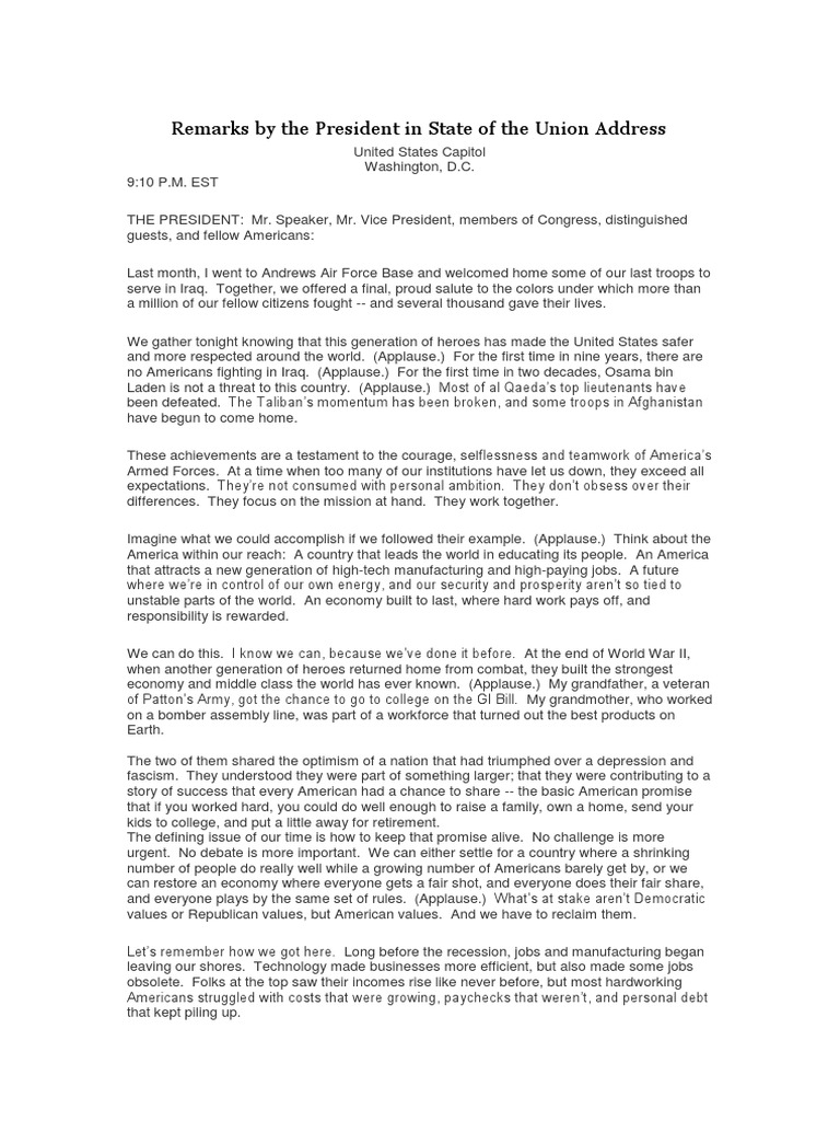 Remarks by The President in State of The Union Address | Download Free ...