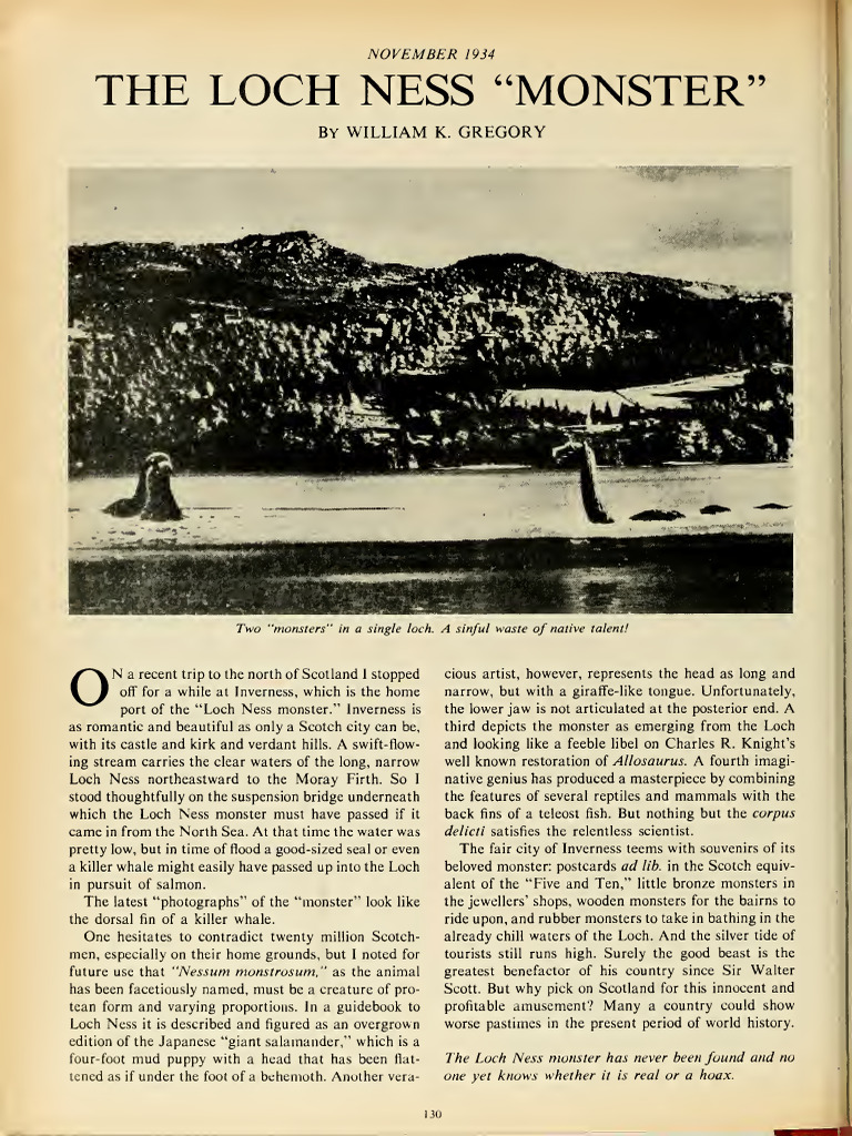 Gregory 1980 (1934) The Loch Ness Monster (Natural History 89, 130-131 ...