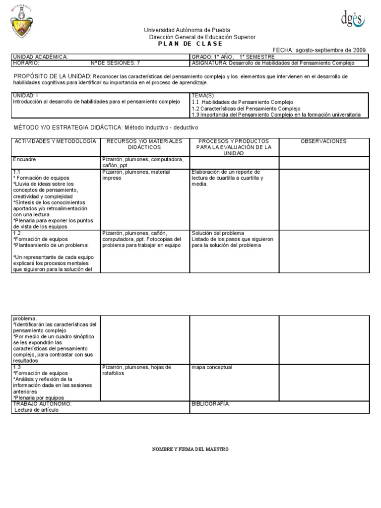 Plan de Clase: Pensamiento Complejo y Aprendizaje | PDF | Aprendizaje ...
