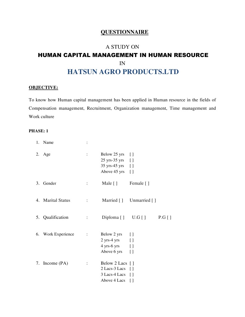 Questionnaire | Human Capital | Human Resource Management