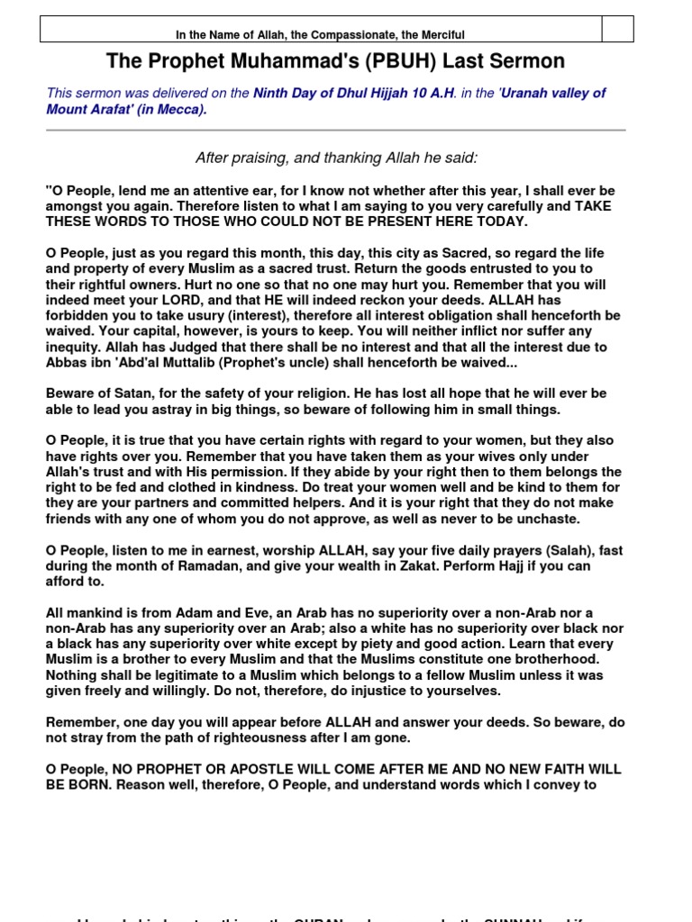 Prophet Last Sermon | PDF | Muhammad | Allah
