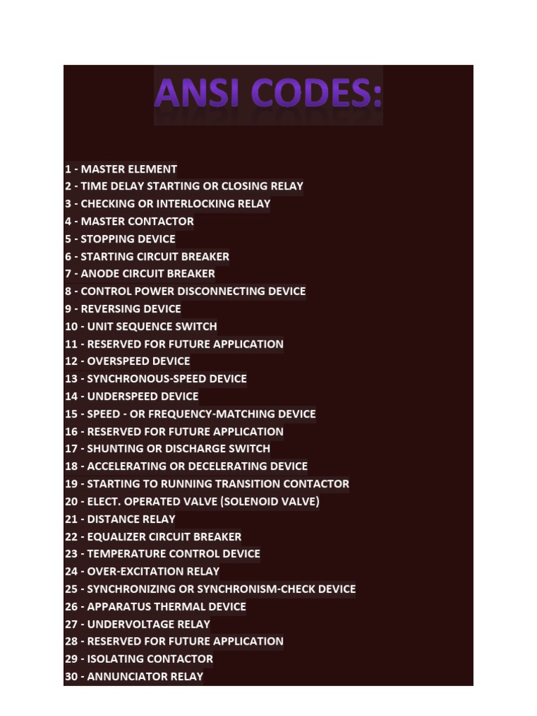 Ansi Codes For Electrical Systems | PDF | Relay | Switch