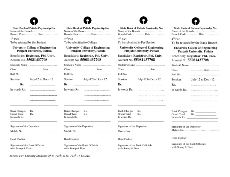 Punjabi University Fee Slip Template | PDF
