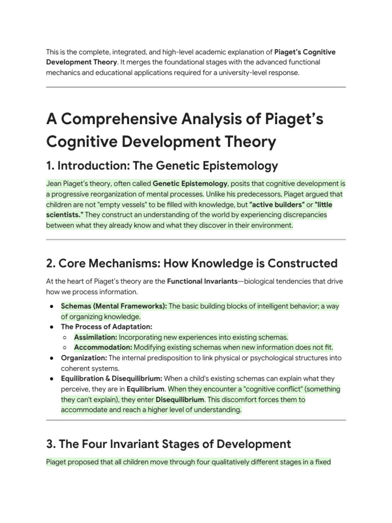 Comprehensive Piaget Theory Explanation (1) | PDF | Cognitive ...