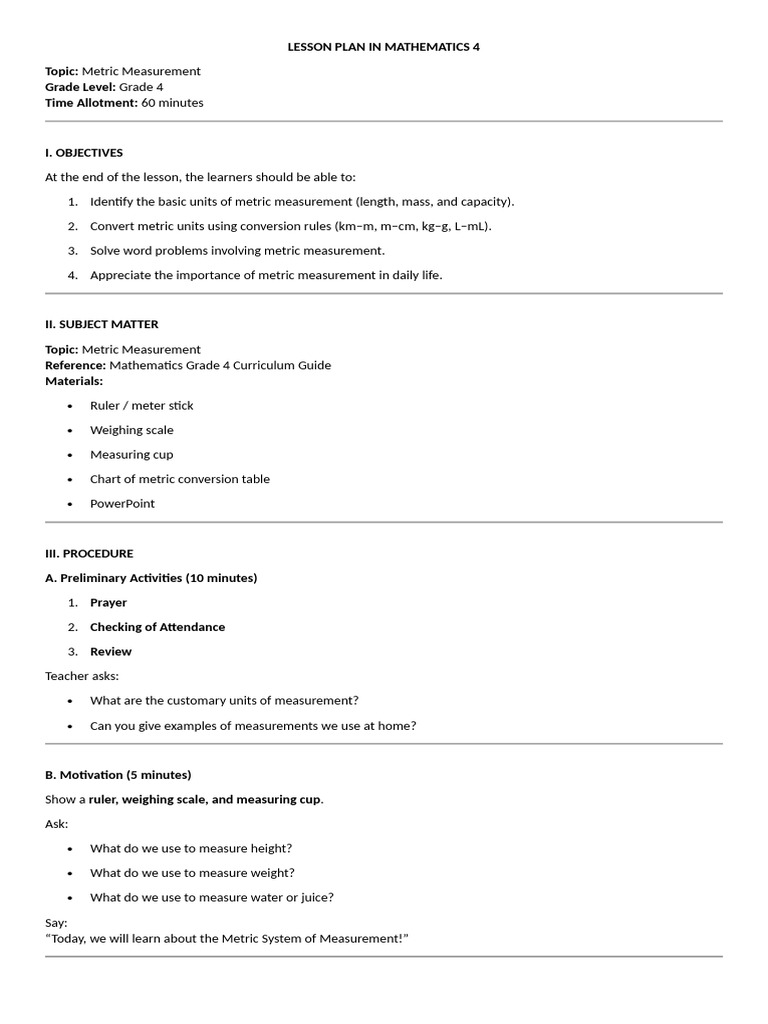 Lesson Plan in Mathematics 4 Metric | PDF | Litre | Measurement