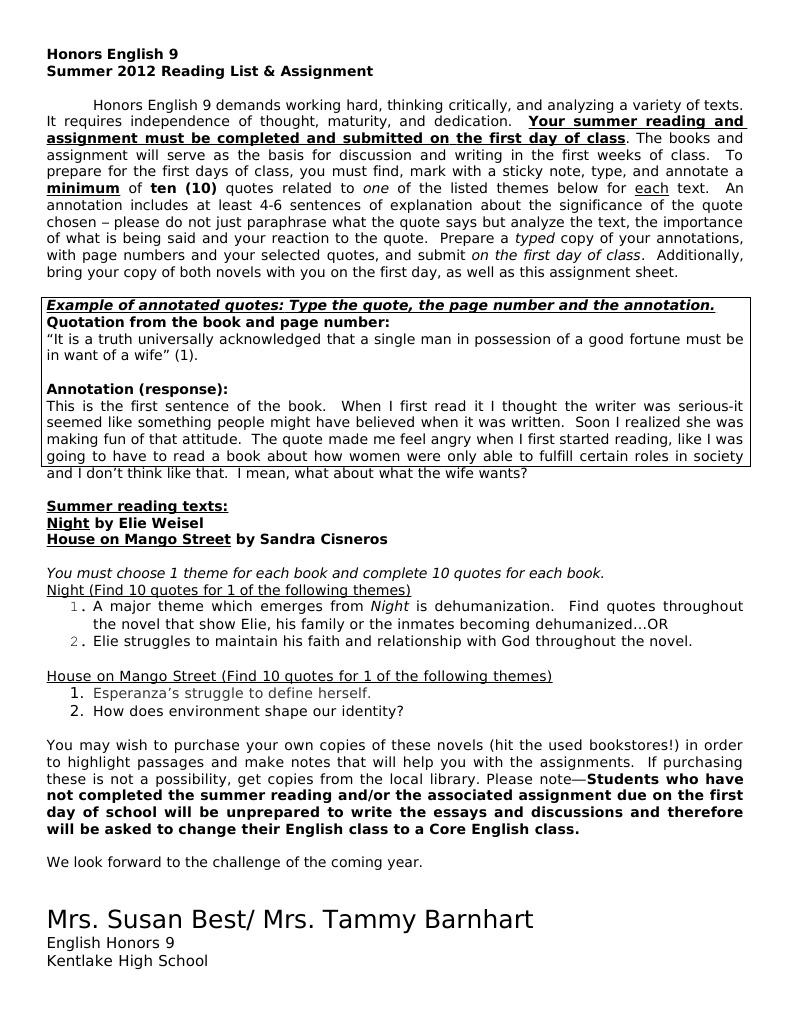 2012 Honors English 9 Summer Reading | PDF