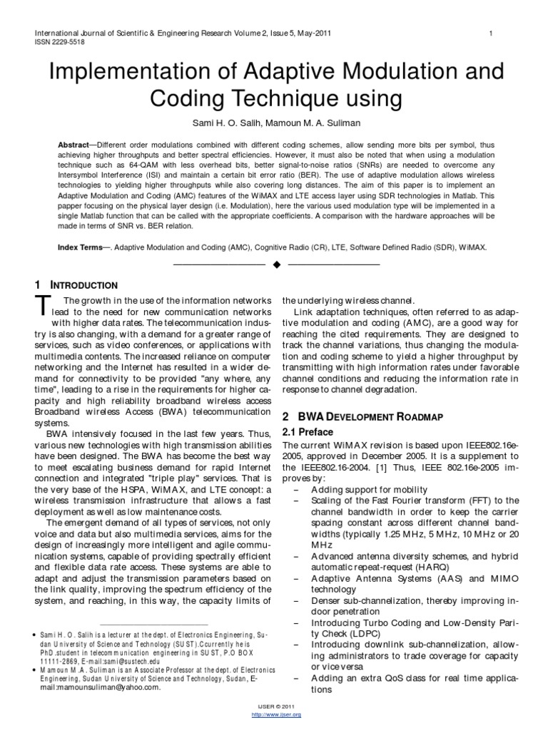 Implementation Of Adaptive Modulation And Coding Technique Using Pdf Modulation Wi Max
