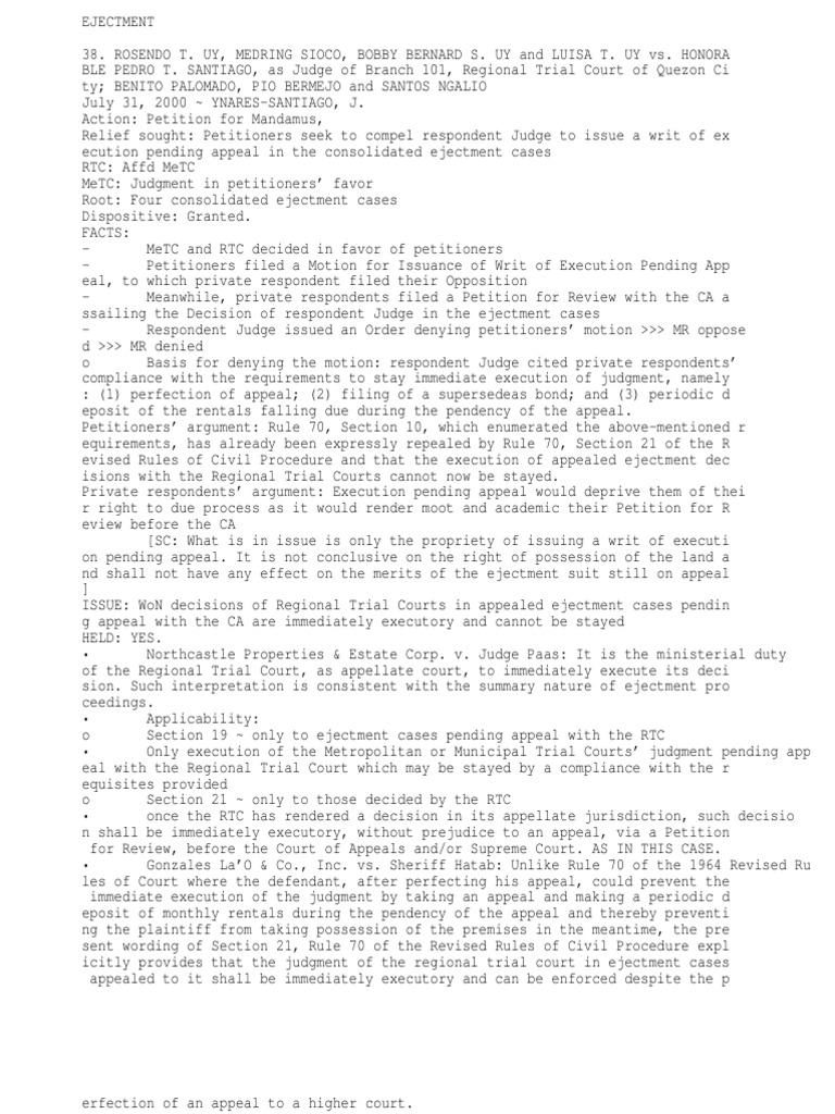 Ejectment Ruling Affirms RTC Decisions as Immediately Executory | PDF ...